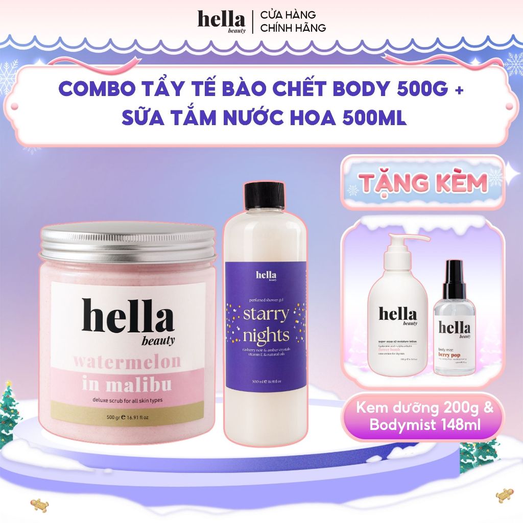 Combo tẩy tế bào chết cho body Hella Beauty 500g + Sữa tắm dưỡng ẩm mịn ...