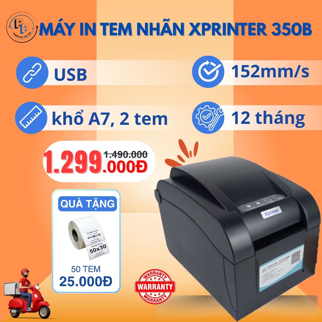 Máy in tem nhãn, mã vận đơn XPRINTER 350B khổ A7 kết nối máy tính, điện ...