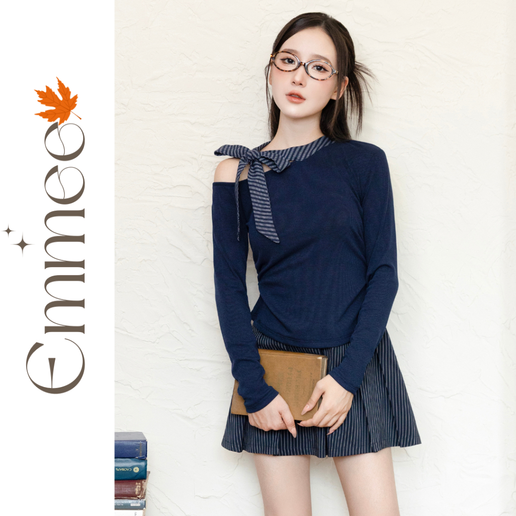 EMMEE - Zoie Shirt - Áo len tăm xanh than cổ phối nơ lệch vai | Shopee ...
