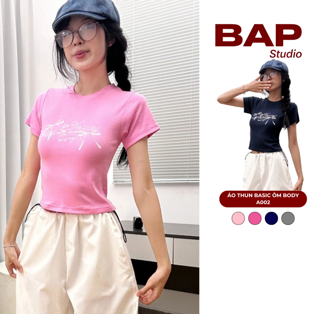 Áo thun basic ôm body họa tiết nơ xinh BAP STUDIO- Áo Babytee croptop chất liệu cotton A002 ...