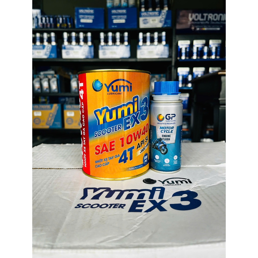 Dầu nhớt xe máy 4T tặng kèm phụ gia súc rửa động cơ YUMI EX3 10W40 + GP MOTOR CYCLE ENGINE FLUSH ...