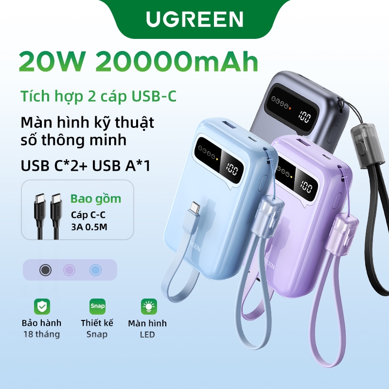 UGREEN Powerbank đầy màu sắc,, 20000mAh, với 2 Cáp USB C tích hợp ...