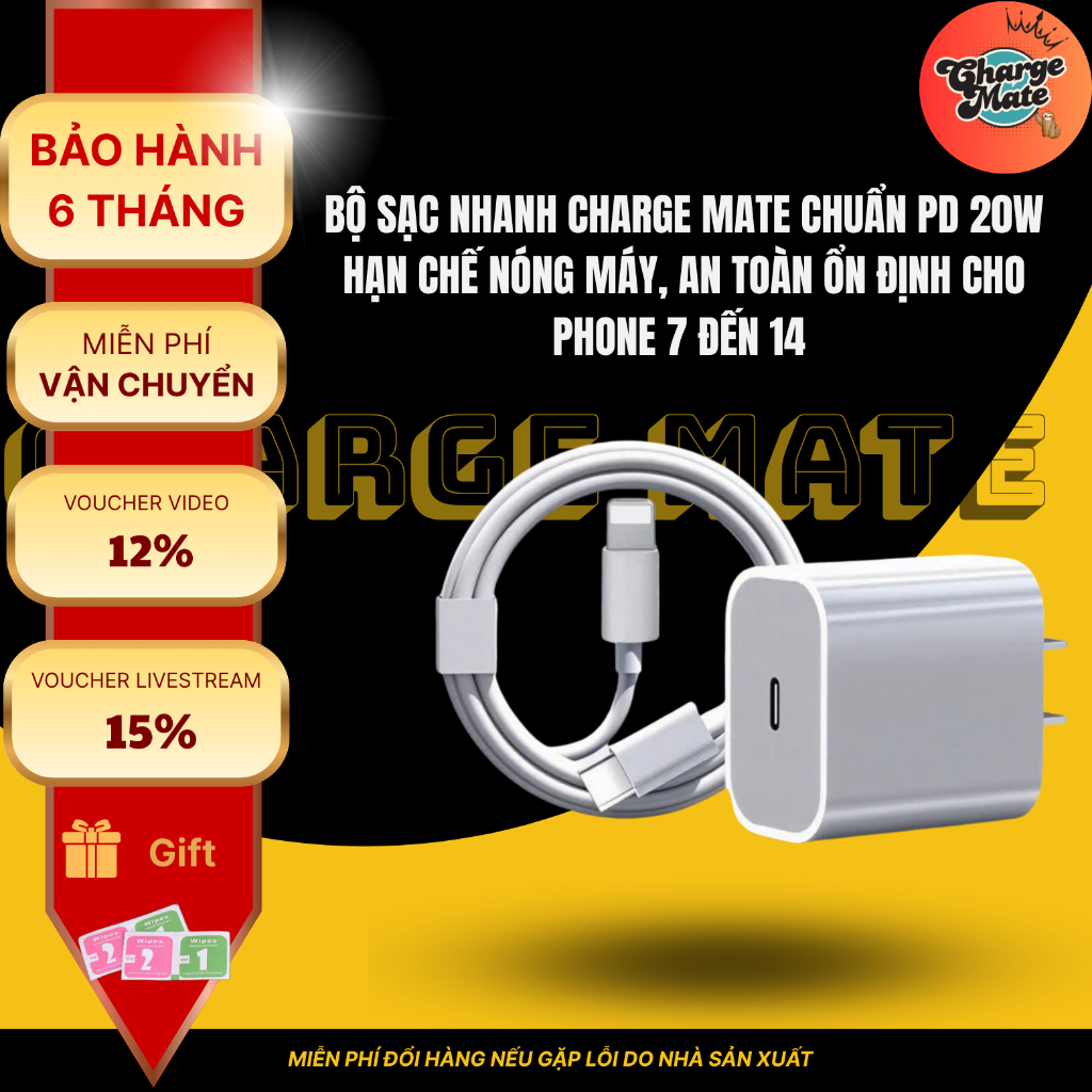 Bộ sạc nhanh Charge Mate chuẩn PD 20W hạn chế nóng máy, an toàn ổn định cho Phone 7 đến 14 ...