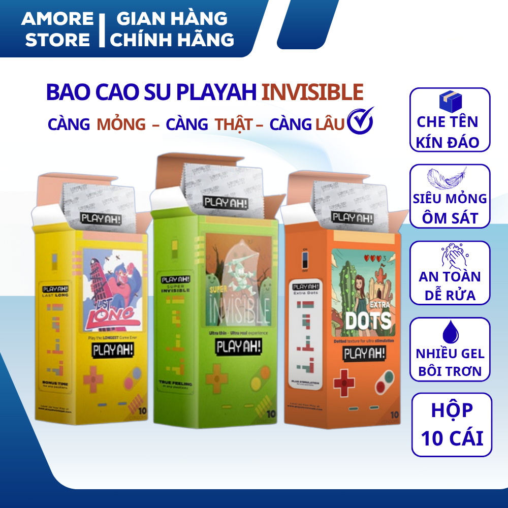 Bao cao su PlayAh super invisible siêu mỏng nhiều gel, bcs kéo dài thời ...