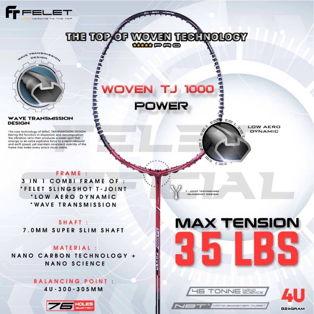 Vợt FELET TJ 1000 Power + LƯỚI FELET (KHÔNG ĐAN) + QUẤN CÁN+TÚI FELET ...