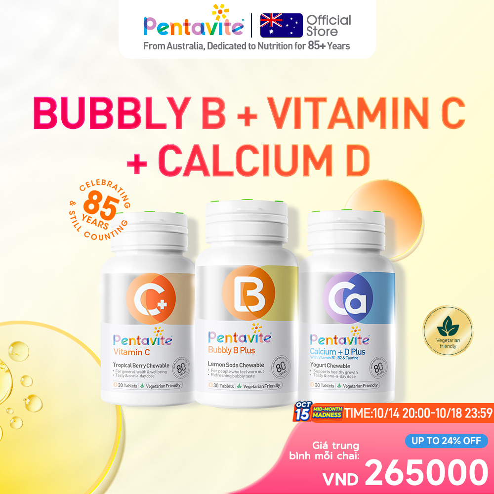 Pentavite Bộ 3 Chai Vitamin（Bubbly B+ C+Canxi D Plus）Viên Nhai Bổ Sung Vitamin B，C，D Canxi，Hỗ ...