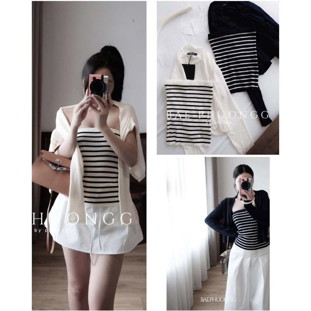 METWO. - Set áo quây len kẻ ngang kèm áo khoác cardigan len trơn dài ...