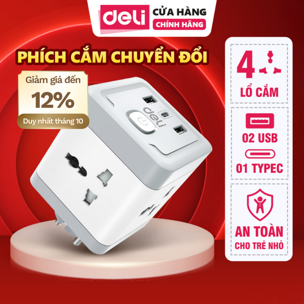 [VOUCHER 30K] Ổ Chia Điện Deli 4 Chấu, Ổ Cắm Mở Rộng Tích Hợp Cổng USB ...