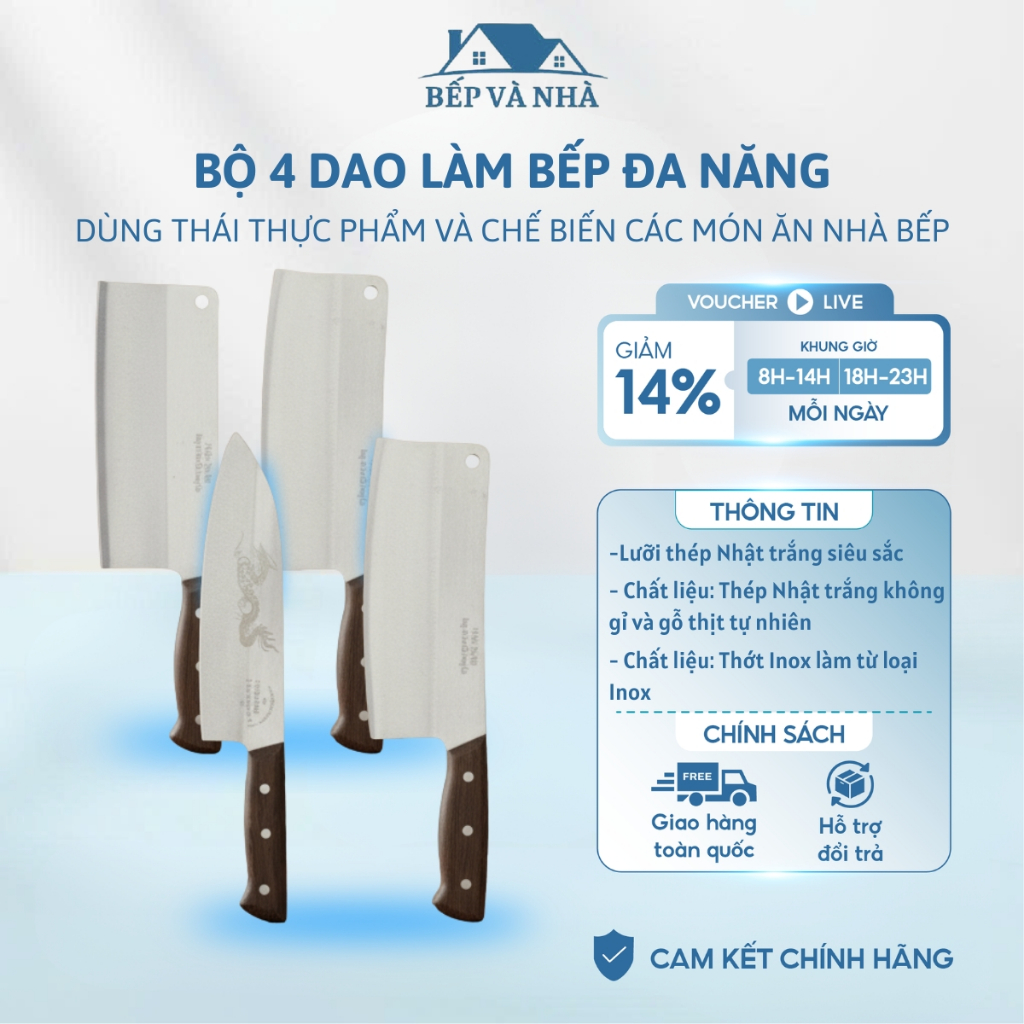 Bộ 4 dao làm bếp đa năng, dao thái lưỡi thép Nhật trắng không gỉ, dao ...