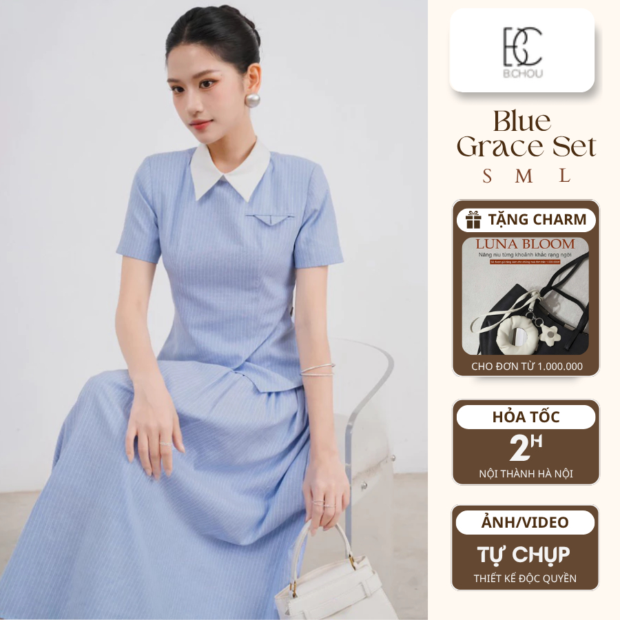 Set váy thiết kế BCHOU, Áo cổ đức cách điệu phối kèm chân váy dài BLUE ...