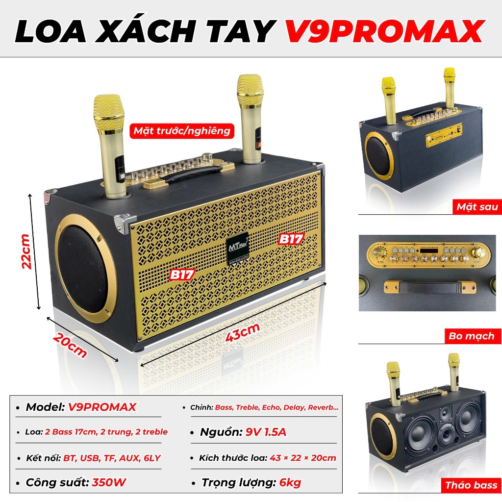 Loa xách tay 6 đường tiếng V9 Promax bass đôi 17cm bo mạch 10 nút chỉnh ...