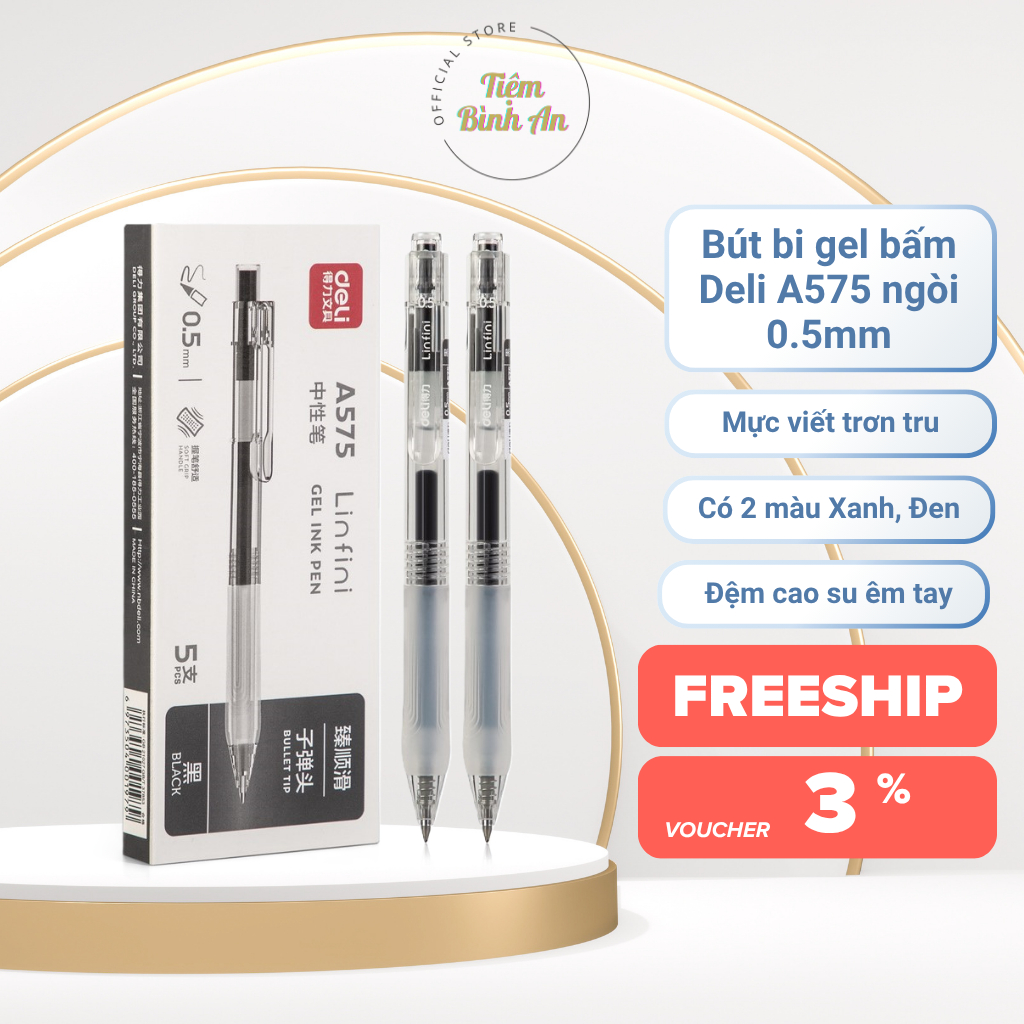 [Combo 5 Bút] Bút Bi Gel Bấm, Bút Gel Bấm Deli A575 Mực Đen, Xanh ...