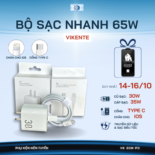 [15.11_Voucher 20k] Bộ sạc nhanh VK 30W PD, củ và cáp sạc nhanh cho ...