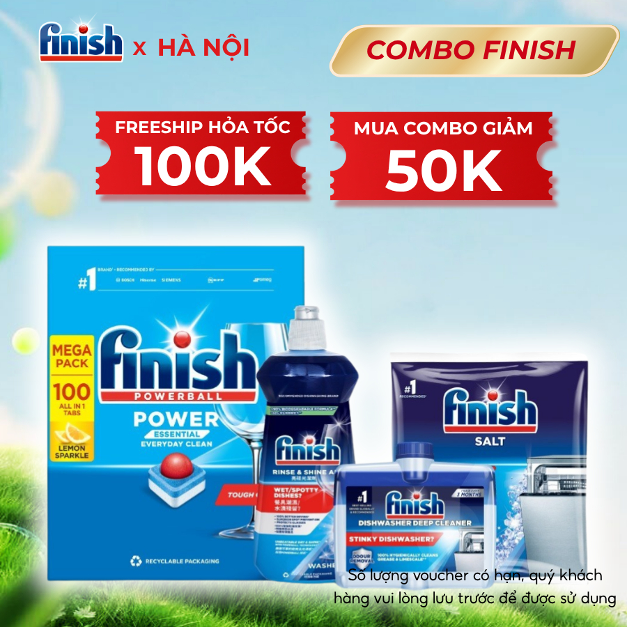 Combo Finish toàn diện 2:Hộp 100 Viên Rửa Bát Essential + Nước Làm Bóng ...