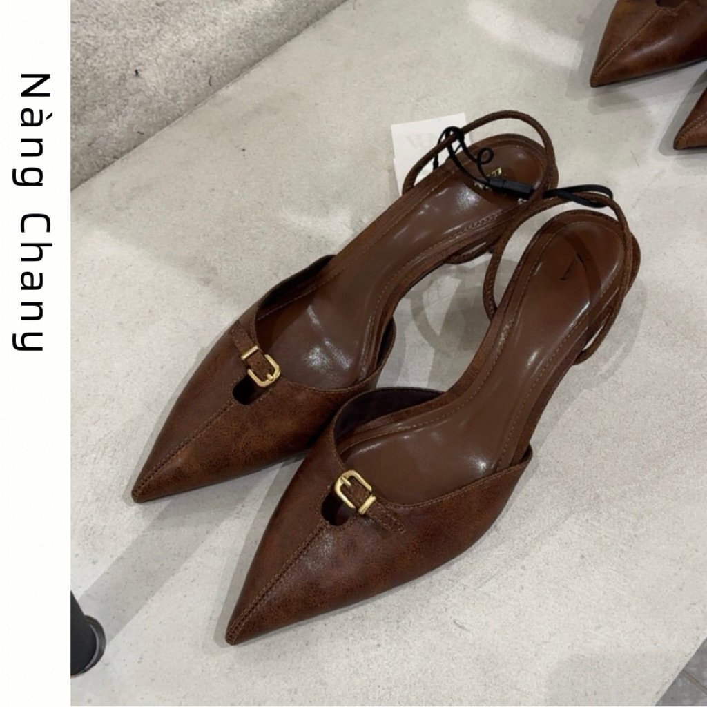 Giày slingback Z mũi nhọn nâu sang trọng gót nhọn 7cm – form chuẩn nữ ...