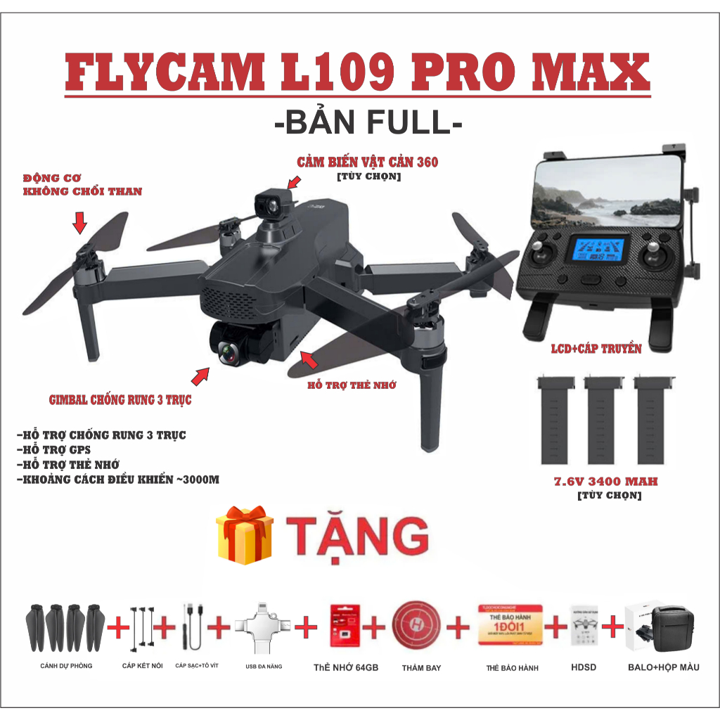 FLYCAM L109 PRO MAX GPS 5G +CHÔNG RUNG 3 TRỤC+ GPS +ĐỘNG CƠ KHÔNG CHỔI ...