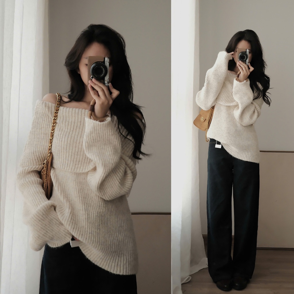 A028 áo len trễ vai bản to Audrey | Shopee Việt Nam