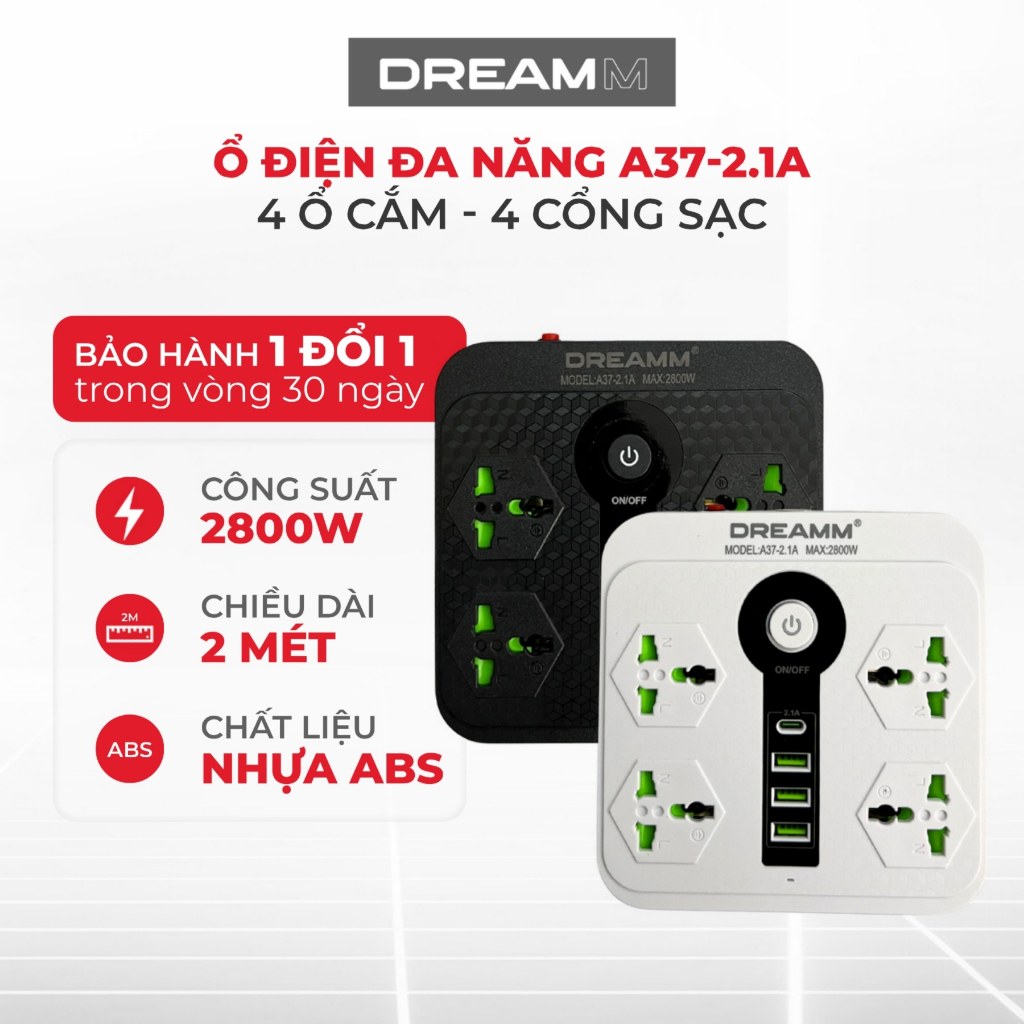 (Mới) Ổ điện đa năng DREAMM A37-2.1A 3 cổng USB sạc nhanh, 1 TYPE C, dài 2M, công suất tối đa ...