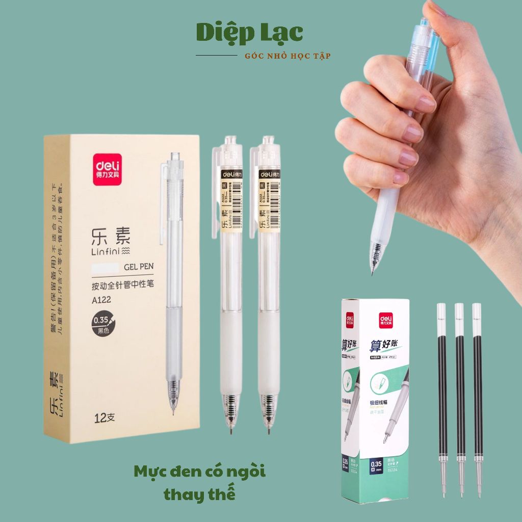 (12c) Bút gel mực đen ngòi kim 0.35mm Deli A122 có đệm tay thân trong ...