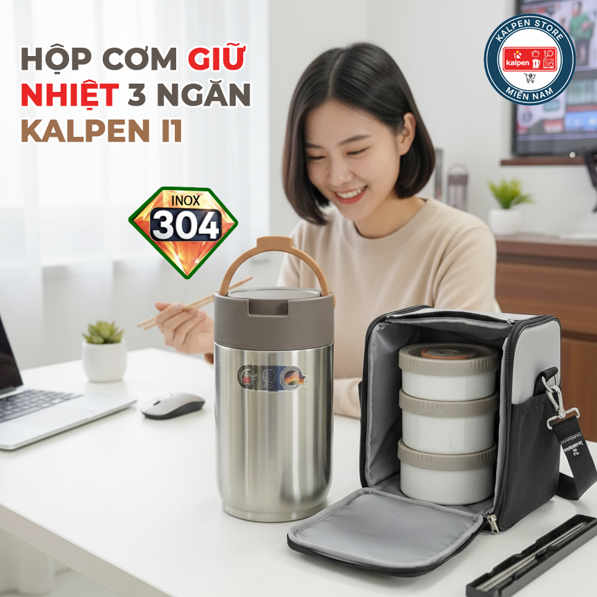 Hộp Cơm Giữ Nhiệt 3 Ngăn Inox 304 Kalpen I1 dung tích 2000ml, cặp lồng cơm giữ nhiệt văn phòng ...