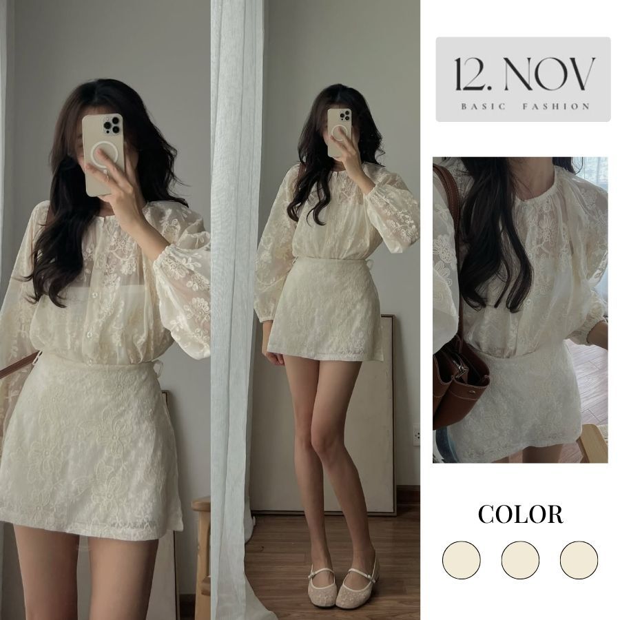 Set áo sơ mi tơ hoa mix chân váy ngắn chữ A thêu hoa 2 lớp NỮ 12.NOV 119 1350 145 | Shopee Việt Nam