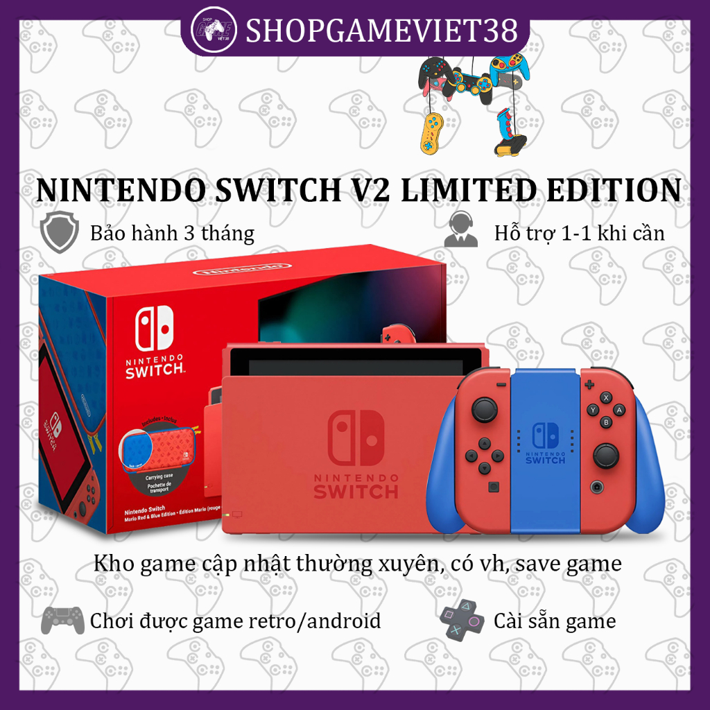 Switch V2 Mario Red Blue Edition kèm phụ kiện - cài sẵn game bộ nhớ tùy ...