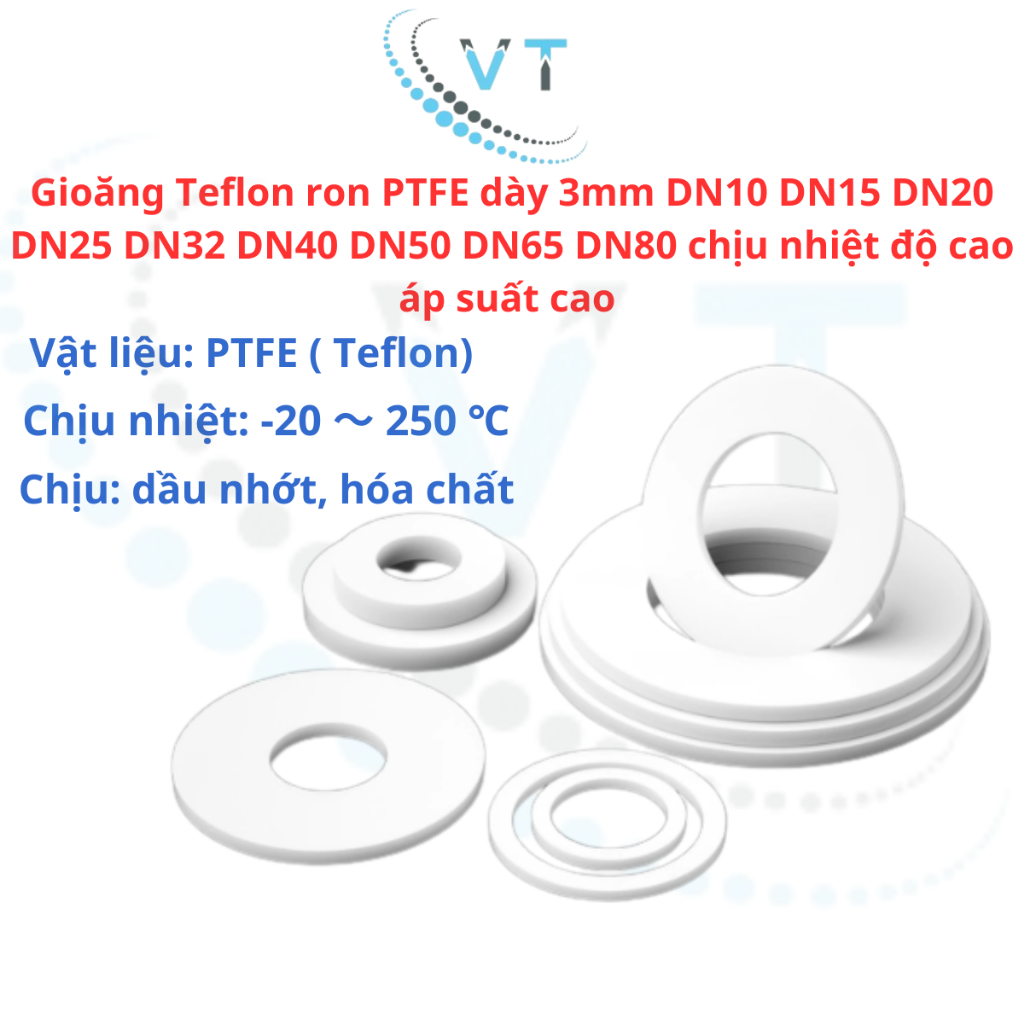 Gioăng Teflon ron PTFE dày 3mm DN10 DN15 DN20 DN25 DN32 DN40 DN50 DN65 ...