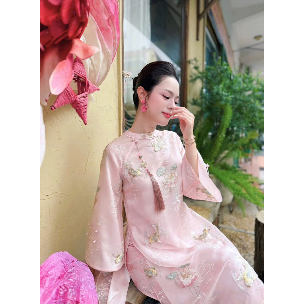 [SẴN - HỎA TỐC][IVY] Áo dài cách tân Liên Hoa Ngư Hồng hoa sen thêu cá ...