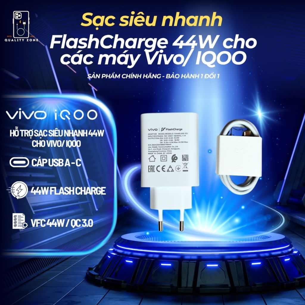 Bộ sạc nhanh 44W cho VIVO hỗ trợ FLASHCHARGE, bộ sạc chính hãng sạc ...