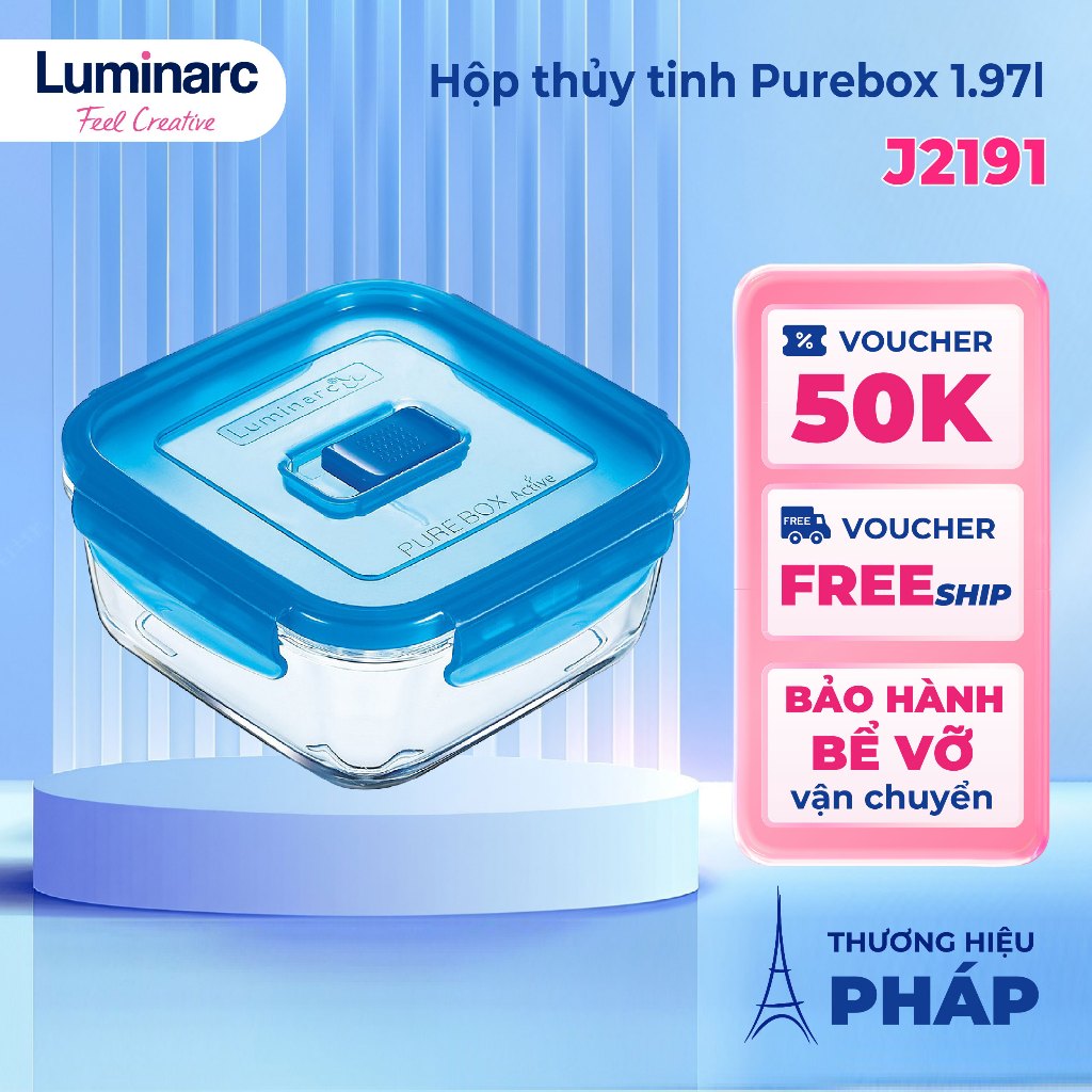 Bộ 2 hộp thủy tinh Luminarc Pure Box chữ nhật 1.97L - J2191 hộp đựng ...
