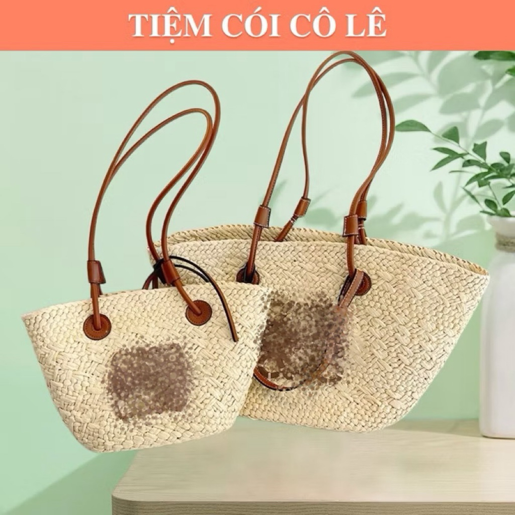 (Loại 1)Túi cói tag gỗ quai da đi biển phối hoạ tiết hàng Quảng Châu ...