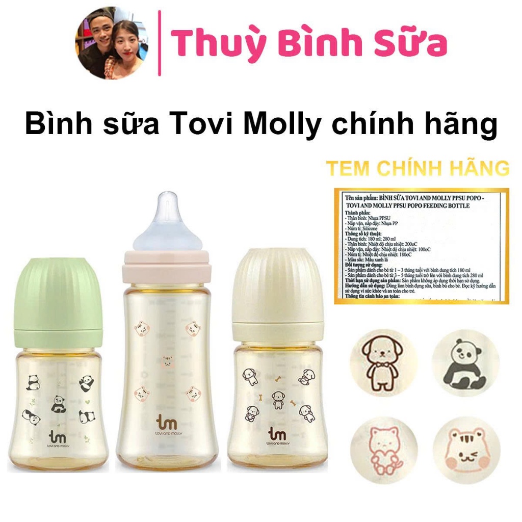 Bình sữa Tovi and Molly PPSU Sóc, Chó Mèo, Gấu Trúc 180ml/280ml Hàn Quốc chính hãng (Bình đơn có ...