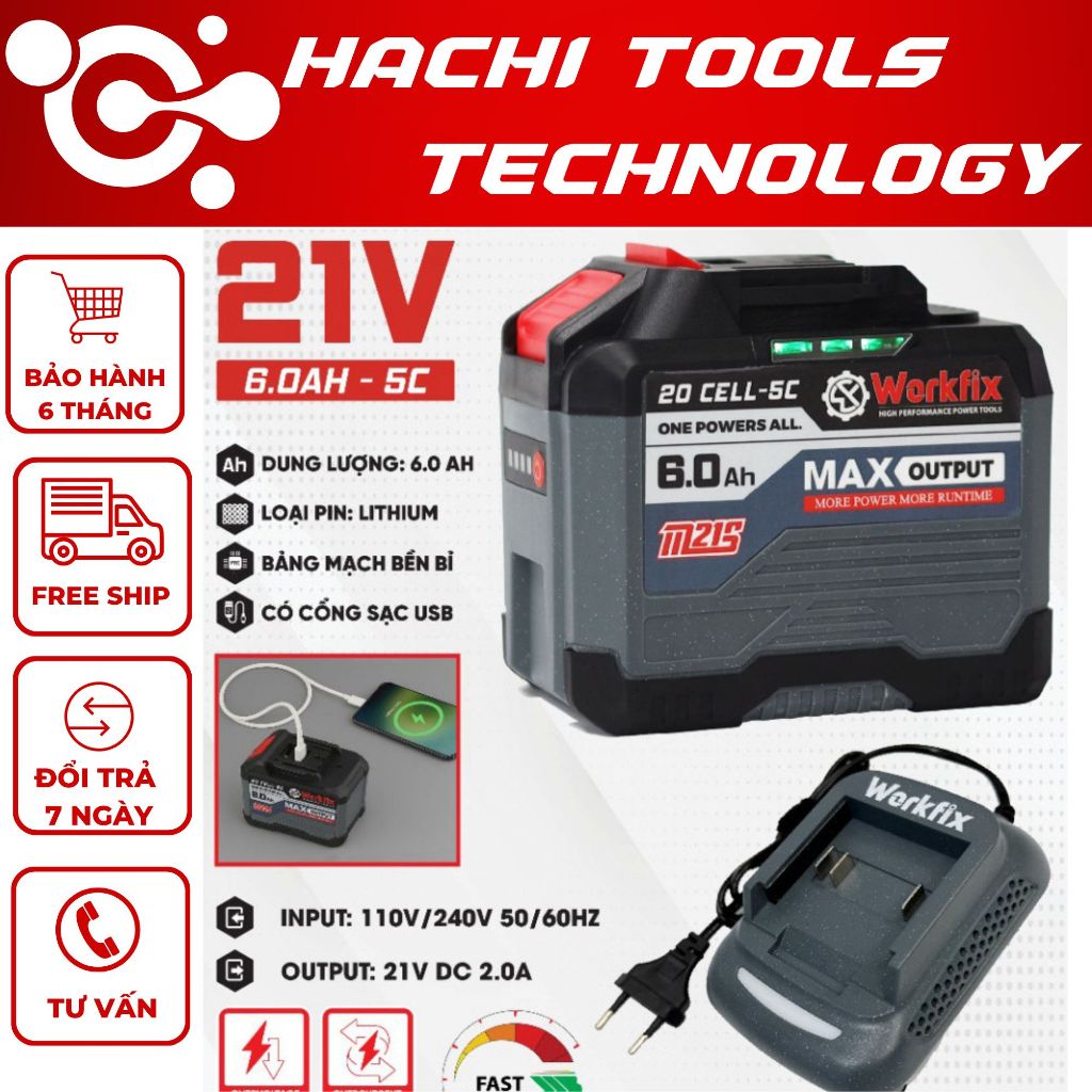 Pin 20 cell Workfix 6AH kèm Sạc, Dung Lượng 6Ah, Có Cổng Sạc USB ở Pin ...
