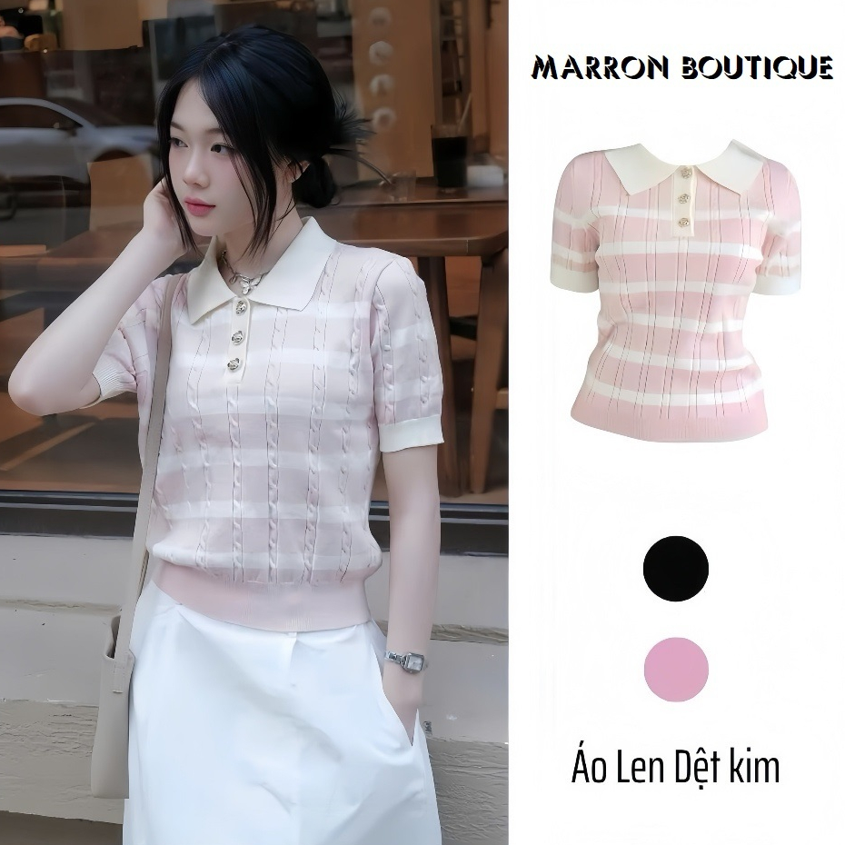 𝑴𝒂𝒓𝒐𝒐𝒏_𝑩𝒐𝒖𝒕𝒊𝒒𝒖𝒆 Áo Len Polo Phối 3 Cúc Vàng Hoa Sen, Kẻ Sọc Ngang, Chất ...