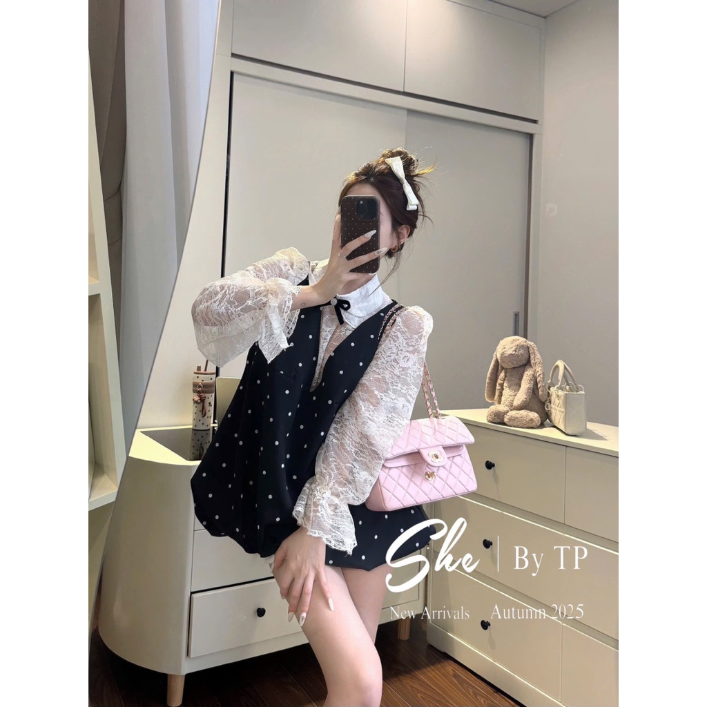Set áo ren tay dài nơ cổ phối váy bí châm bi dễ thương, Set tiểu thư ...