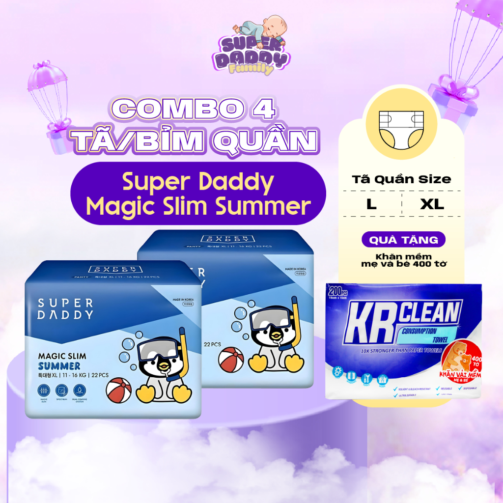 [COMBO 4-TẶNG KHĂN MỀM 400TỜ] Tã Quần SUPER DADDY Magic Slim Summer Hàn ...