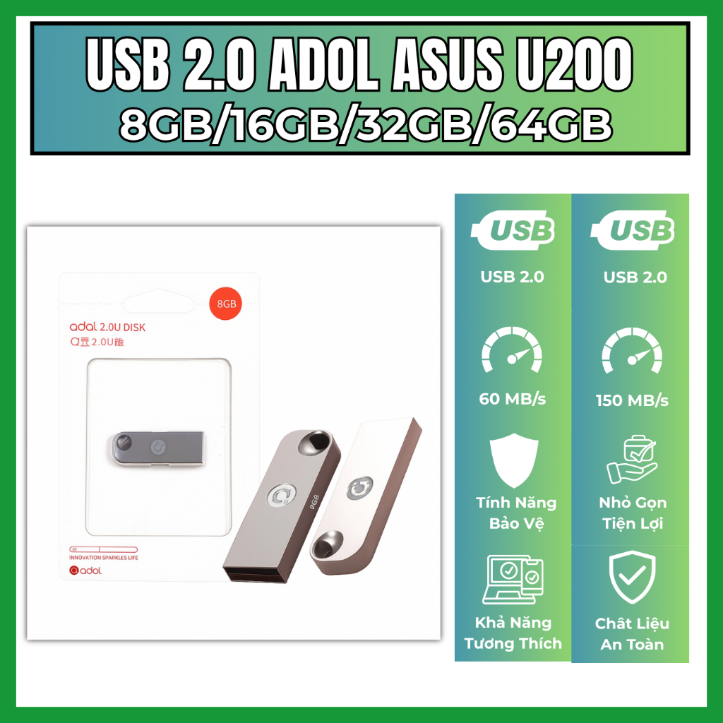 USB 2.0 ADOL ASUS U200 8GB/16GB/32GB/64GB Chính Hãng – Dạng Kim Loại ...