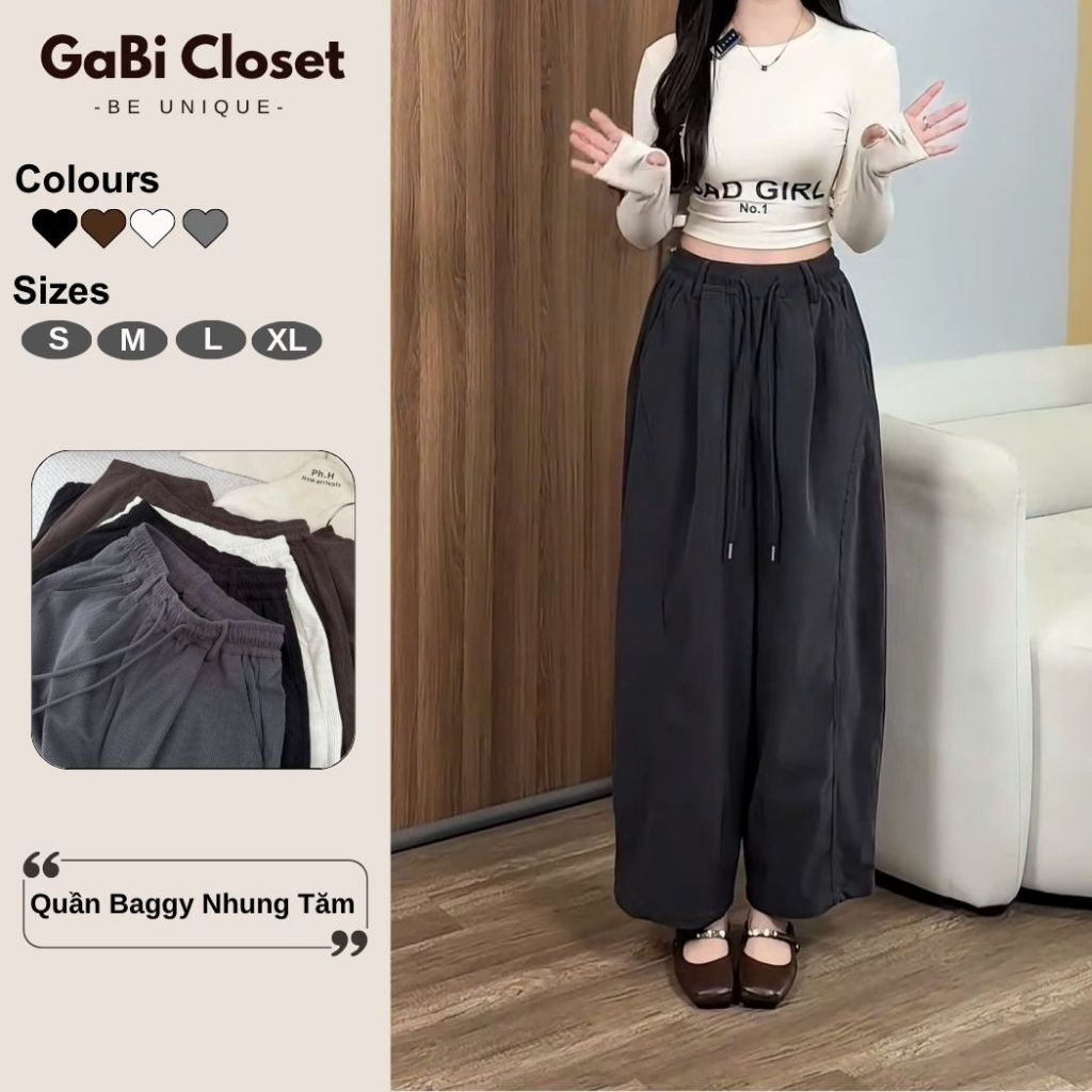 Quần nỉ nhung tăm cạp chun mẫu mới 2025 Gabi, quần baggy form thụng 910 ...