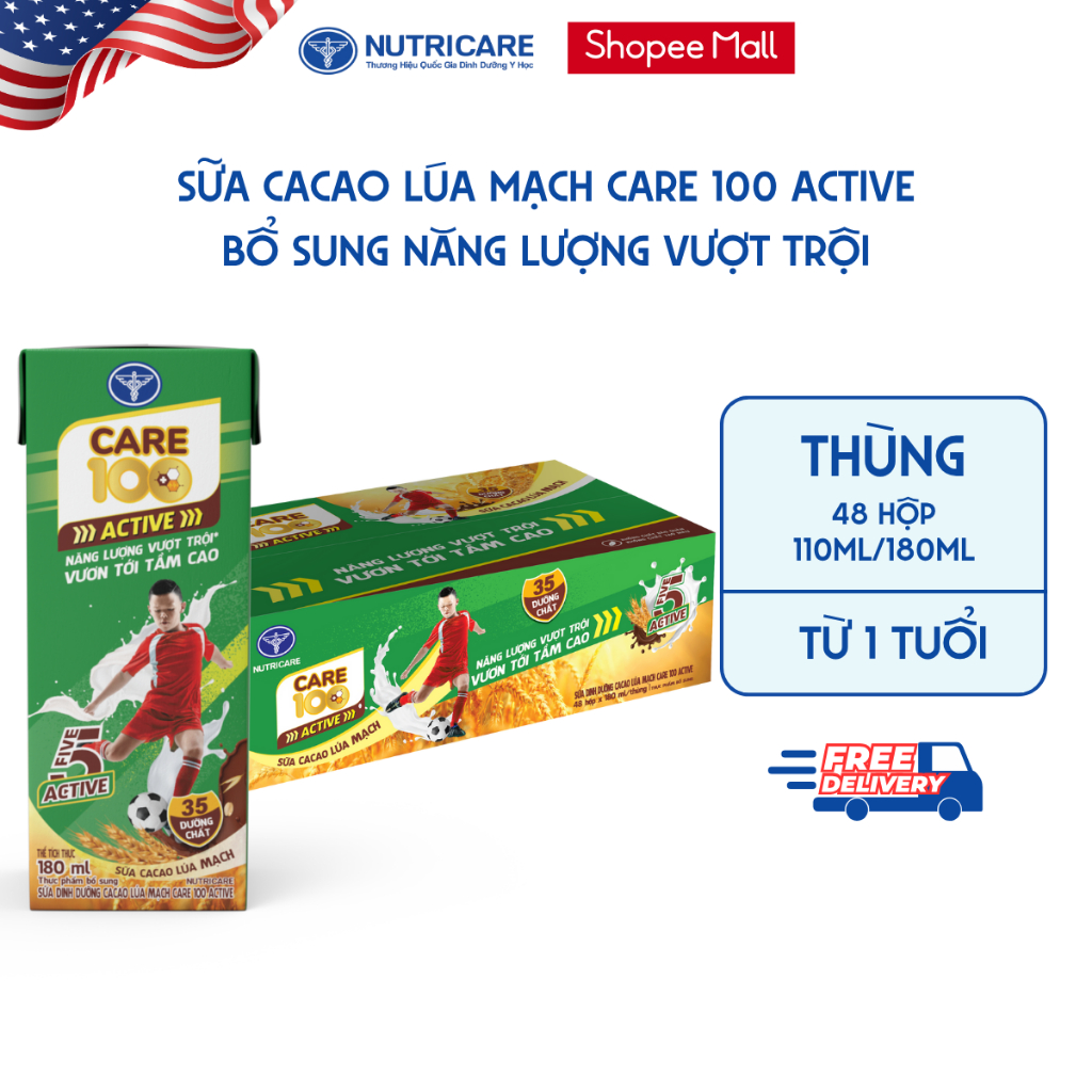 Thùng 48 Hộp Sữa Cacao Lúa Mạch CARE 100 ACTIVE Nutricare Phát Triển ...