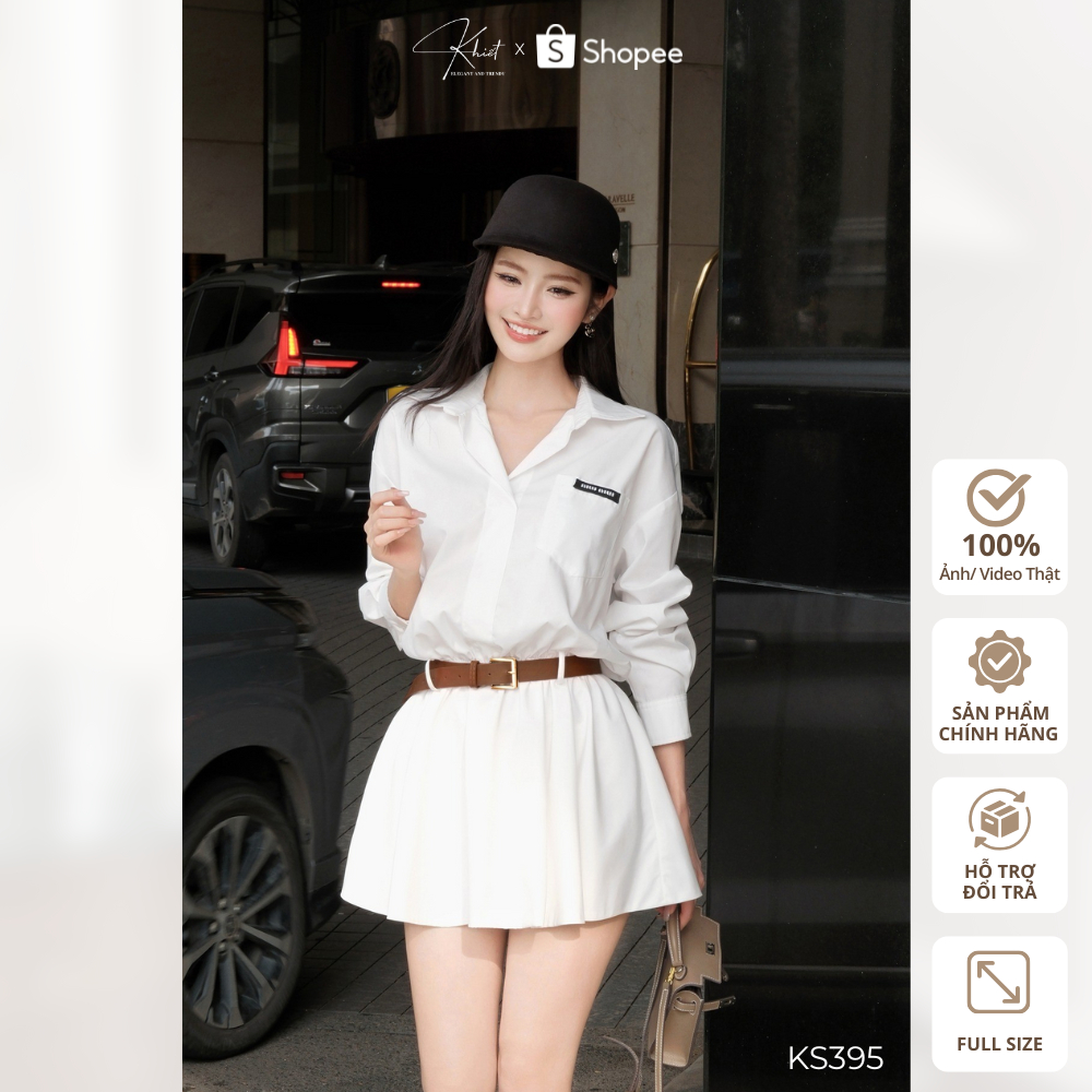 Set đầm sơ mi Khiết Style chất liệu kate tre tone trắng phối thắt lưng ...