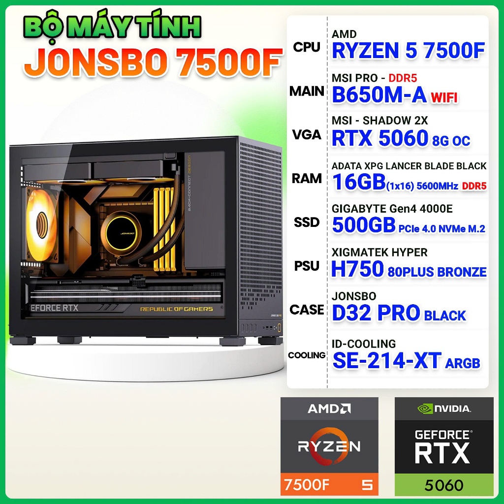 PCBH AMD JONSBO RYZEN 5 7500F / B650M WiFi / RTX 5060 8GB / 16GB DDR5 ...