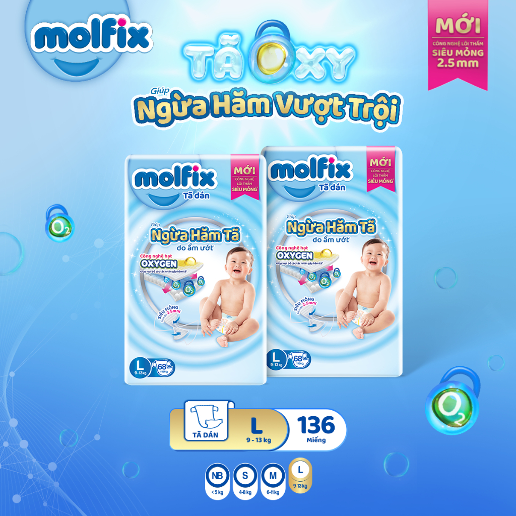 [Tặng BVS Molped] Combo 2 Tã/bỉm dán Molfix Oxy Super Jumbo giúp Ngừa ...