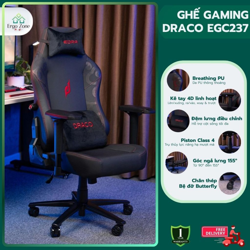 Ghế Gaming EDRA DRACO EGC237 đệm đúc, chịu tải 150kg, điều chỉnh lưng ...