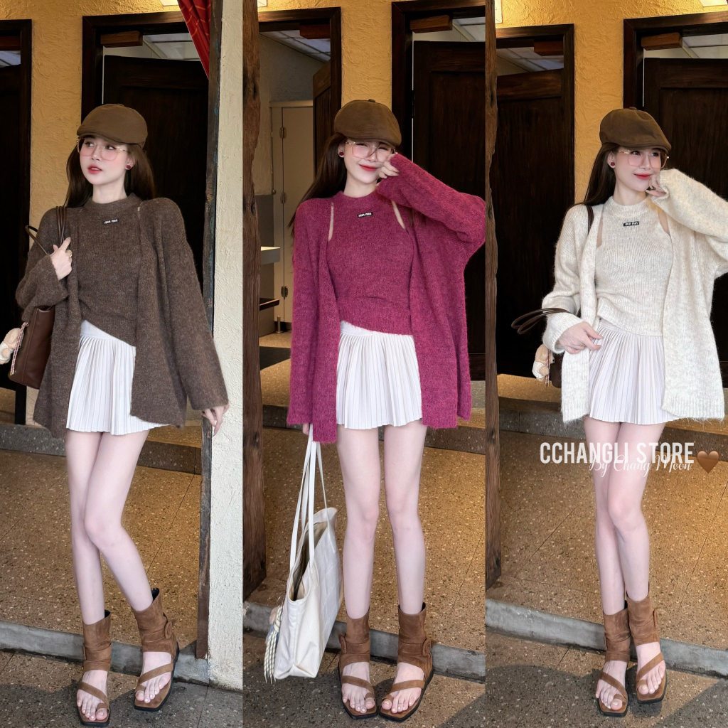 METWO. - Set áo len kiểu cổ yếm tag logo MIUMIU QC kèm áo khoác ...