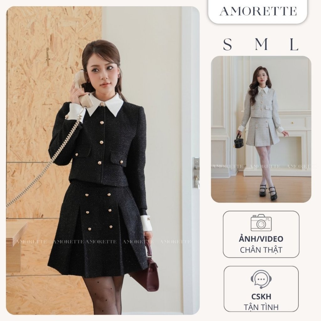 Set váy tiểu thư chất dạ tweed xám tiêu form A ngắn xếp ly tôn dáng ...