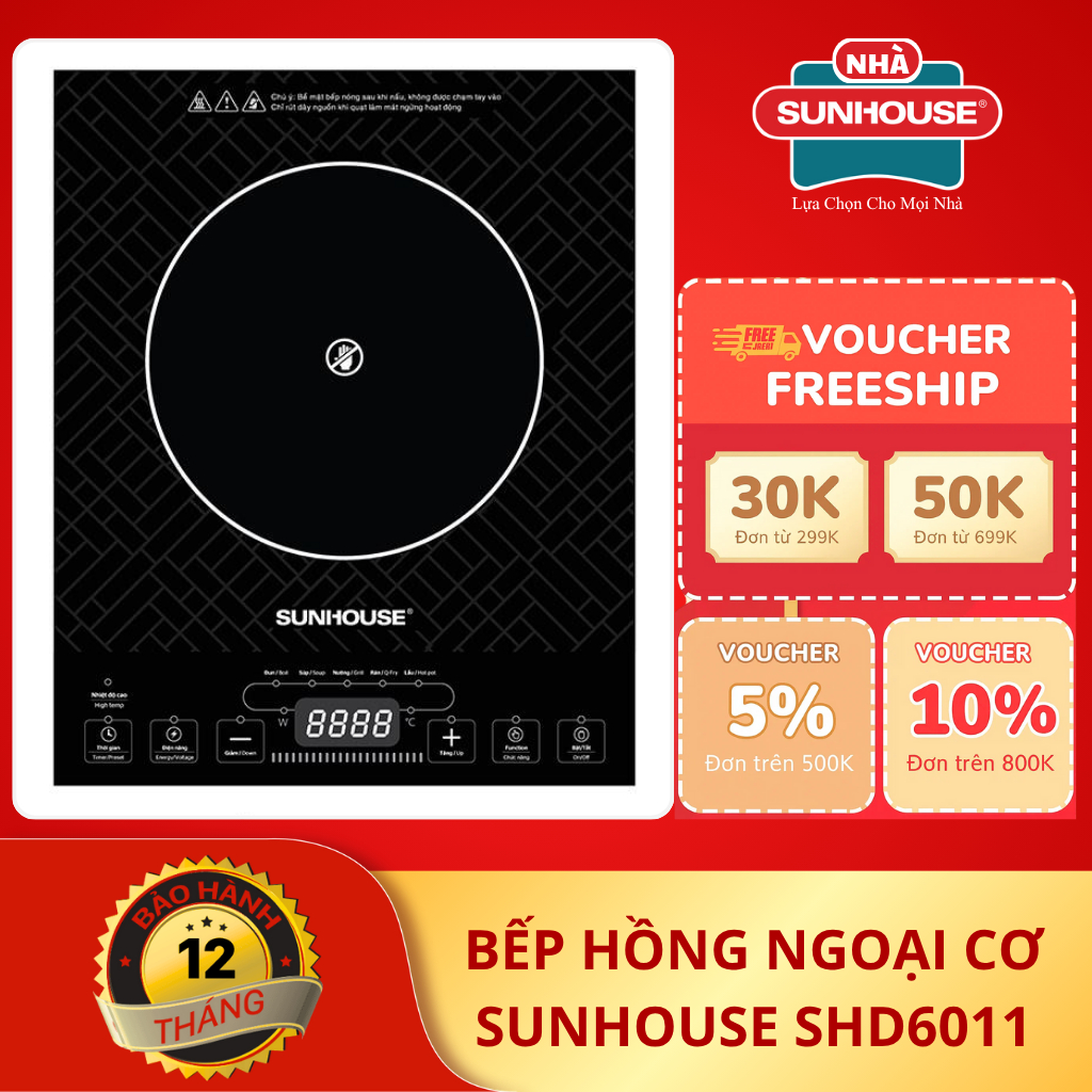 Bếp hồng ngoại CƠ 2000W SUNHOUSE SHD6011, không kén nồi, phím bấm tiếng ...