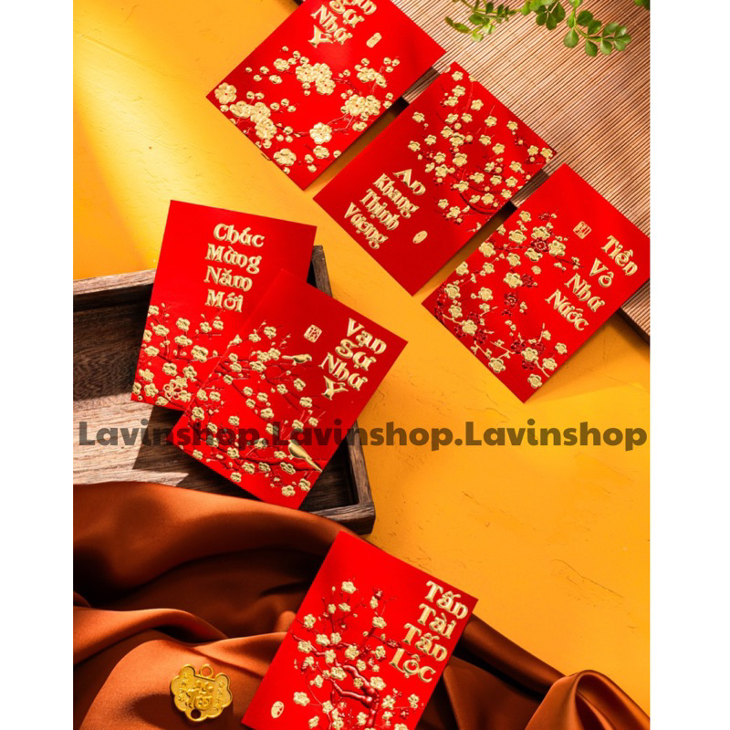 Set 12 cái bao lì xì mini 8x11 giấy nhung đỏ truyền thống in nổi mix ...
