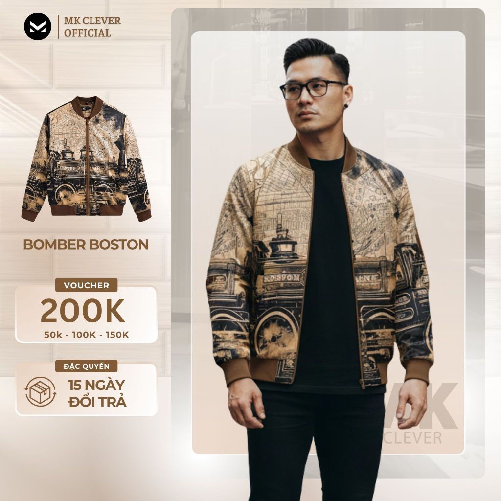 Áo khoác bomber nam MK CLEVER Boston chất liệu vải gió trần bông dày ...
