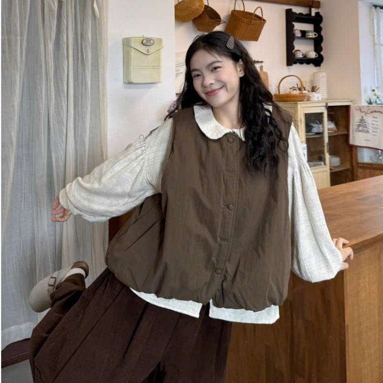 Áo gile vest nữ chất thô vintage, gile vest nữ phối sơ mi và quần nhung ...