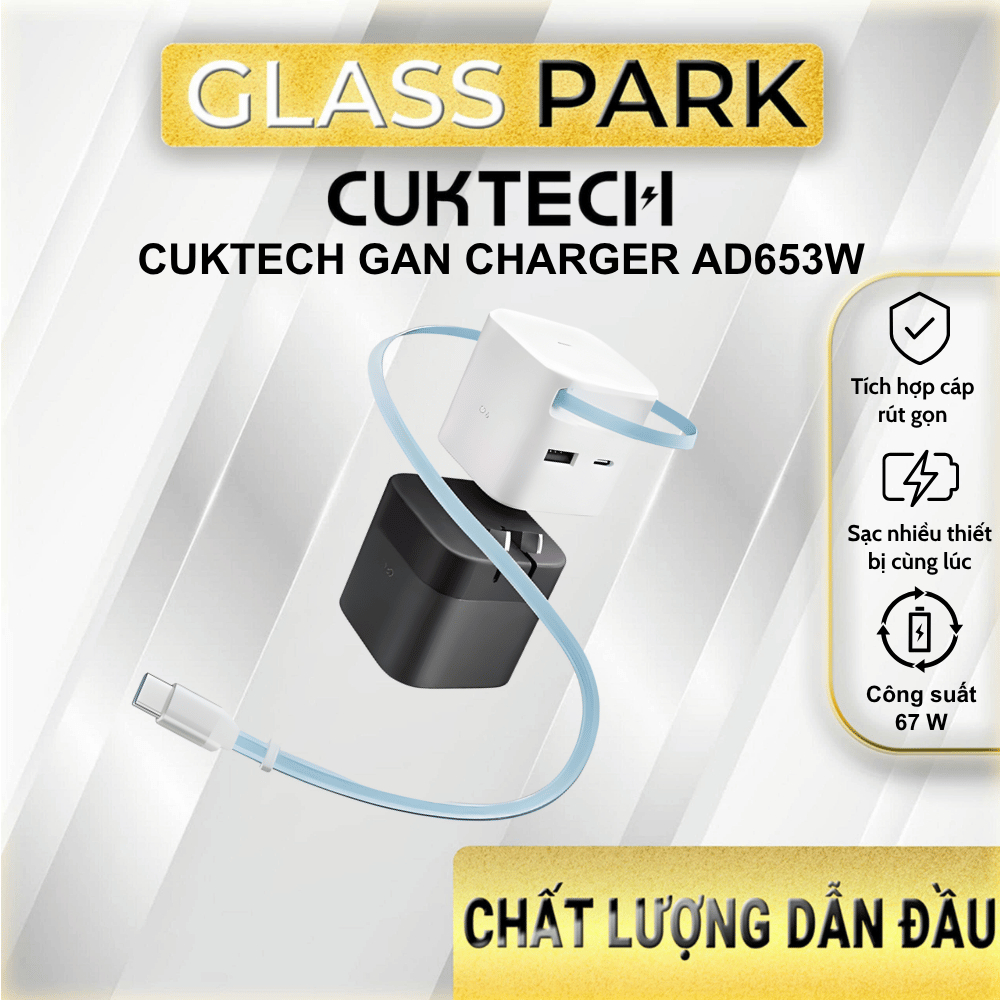 Củ Sạc Nhanh CukTech AD653W 67W Tích Hợp Cáp | 3 Cổng 2C+1A | GAN PD ...